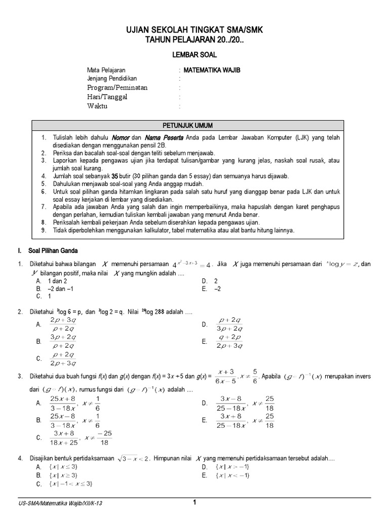 Soal Us Matematika Wajib Sma | PDF