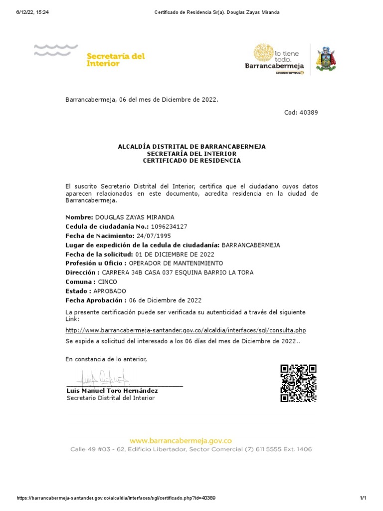 Ejemplo Certificado de Residencia | PDF