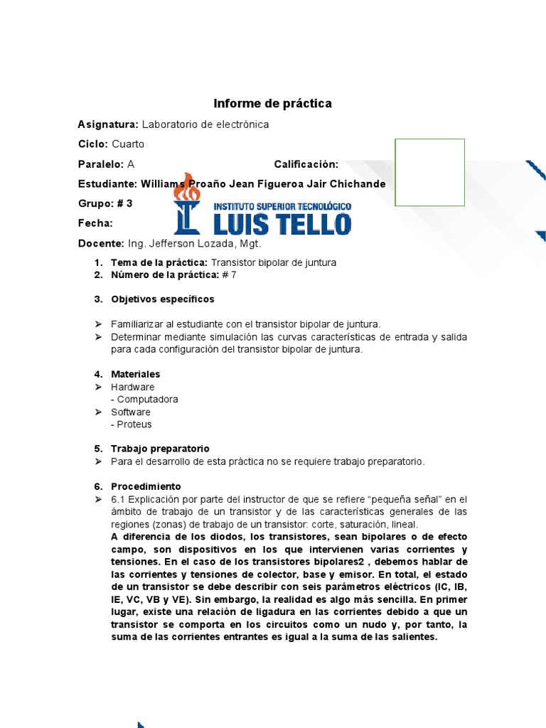 Guia de Informe Practica 7 Jair | PDF | Transistor de unión bipolar | Transistor