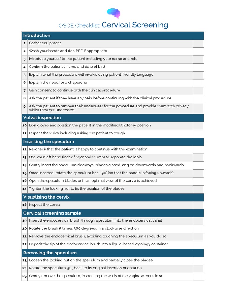 Cervical Screening OSCE Checklist | PDF | Women's Health | Sexual Anatomy