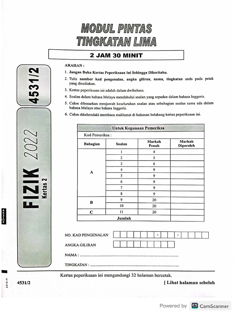 Fizik K2 Selangor Set 1 2022 | PDF