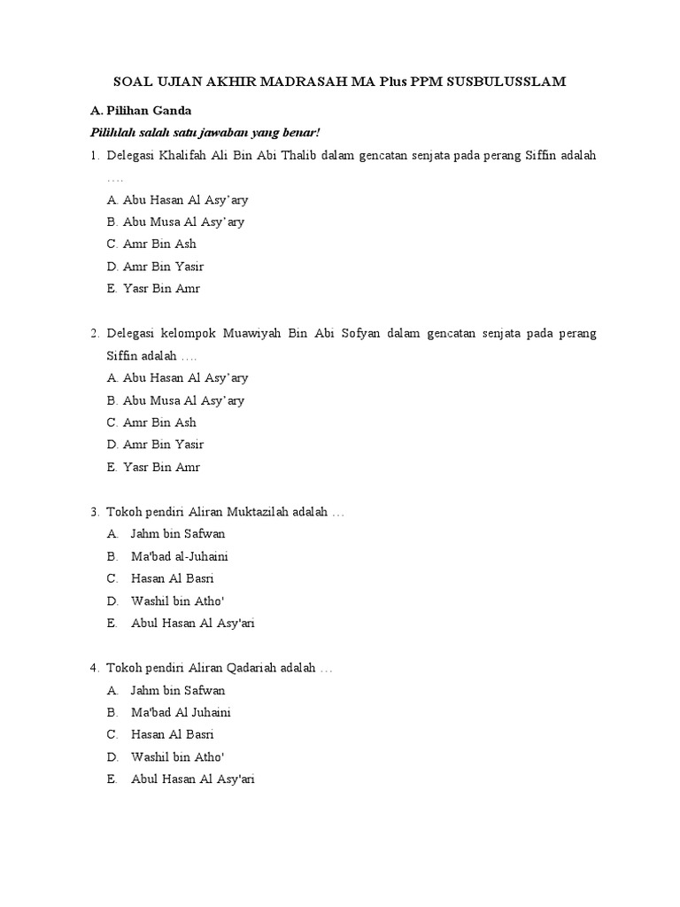 SOAL UJIAN AKHIR MADRASAH MA Plus PPM SUSBULUSSLAM | PDF