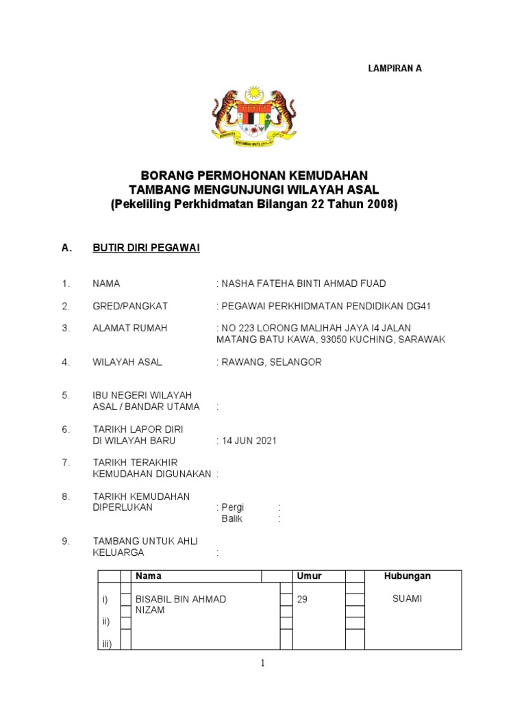 Borang Permohonan Kemudahan Tambang Mengunjungi Wilayah Asal | PDF