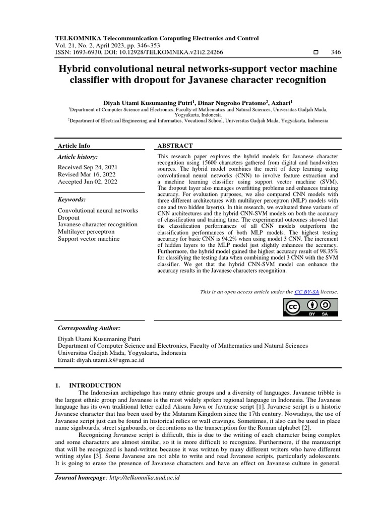 Hybrid Convolutional Neural Networks Support Vector Machine Classifier With Dropout For Javanese