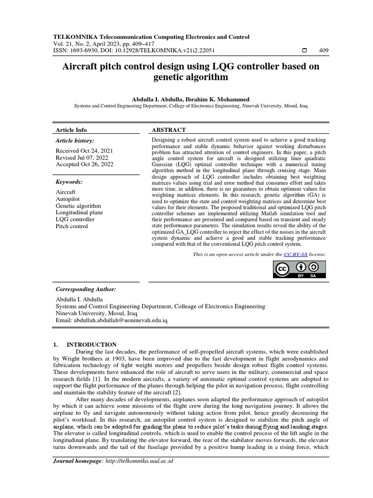 Aircraft Pitch Control Design Using Lqg Controller Based On Genetic Algorithm Pdf Control