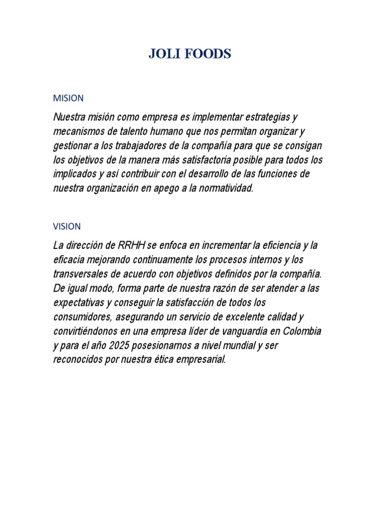 Joli Foods-Mision y Vision | PDF