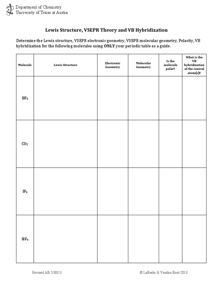 Lewis Structure VSEPR Theory VB Hybridization WKST | PDF | Molecules ...