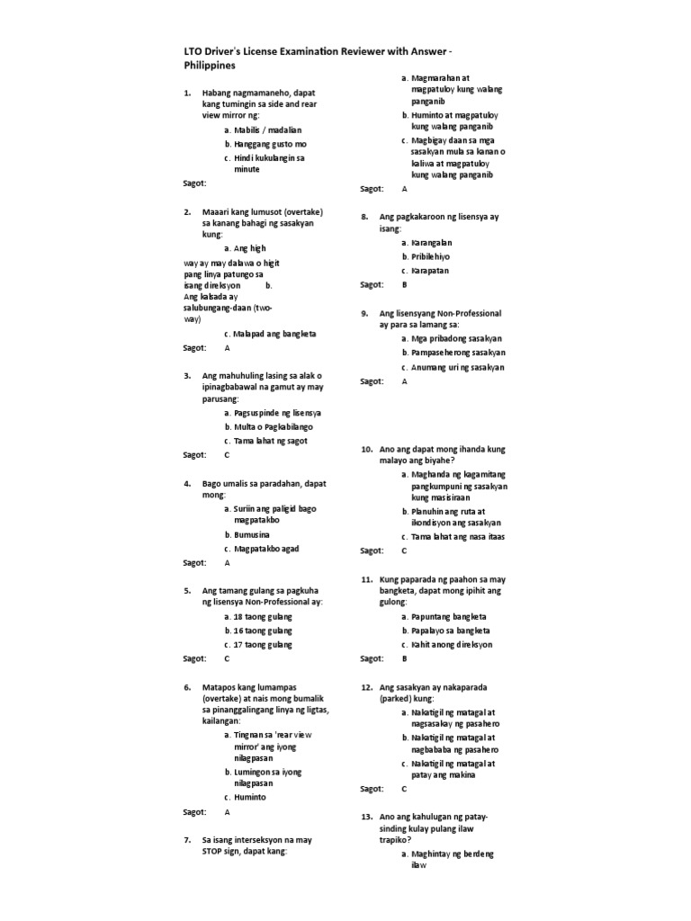 LTO Drivers License Exam Reviewer With Answer | PDF
