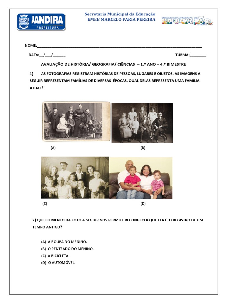AVALIAÇÃO DE HISTÓRIA - GEOGRAFIA - CIÊNCIAS – 1.º ANO - 4º BIM | PDF ...