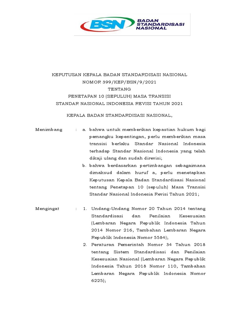 21kepka399 Penetapan 10 Masa Transisi Sni Revisi Tahun 2021 | PDF ...