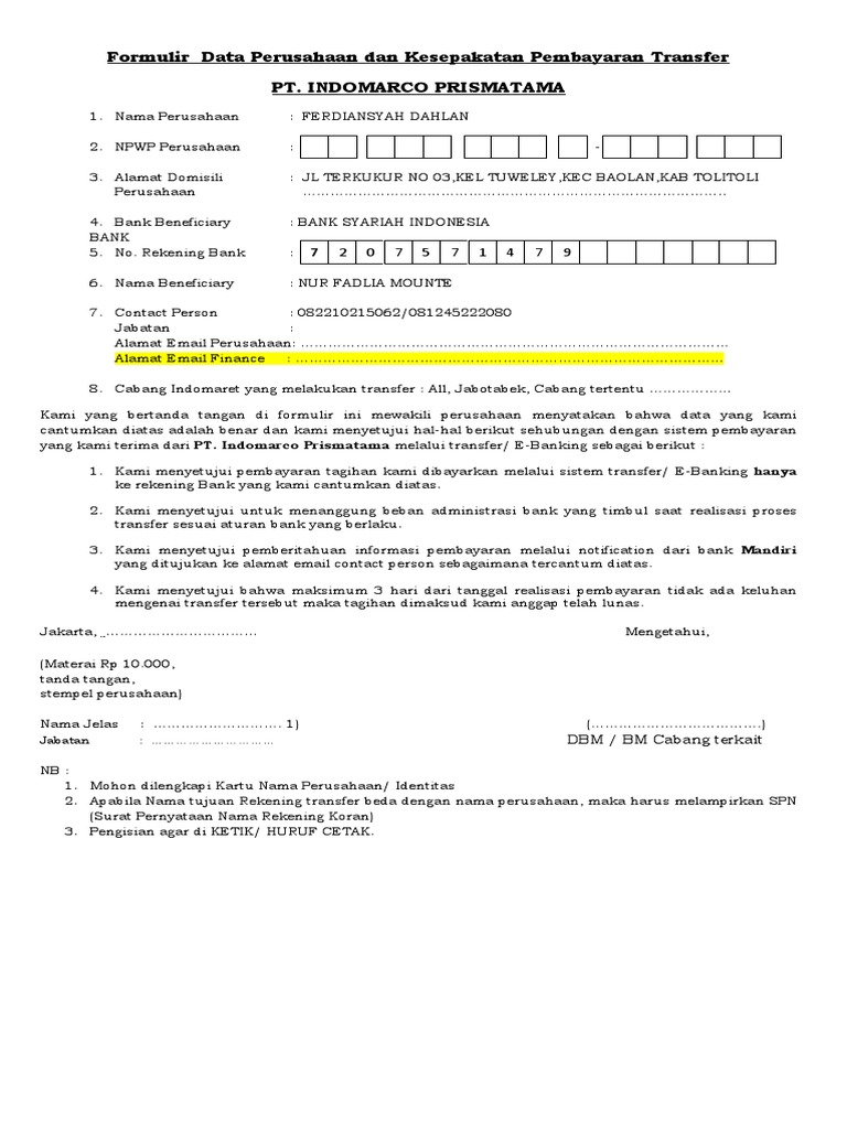 Formulir Data Perusahaan Dan Kesepakatan Pembayaran Transfer (KPT) | PDF