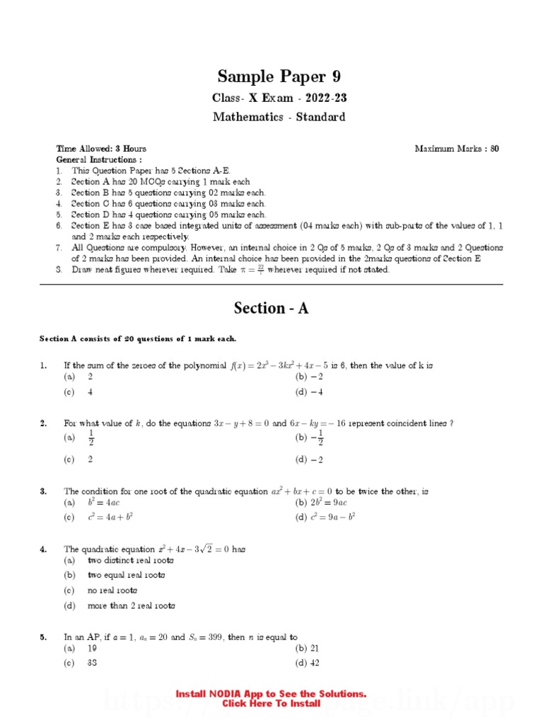 Class 10 Maths Sample Paper 2022-23 | PDF | Area | Circle