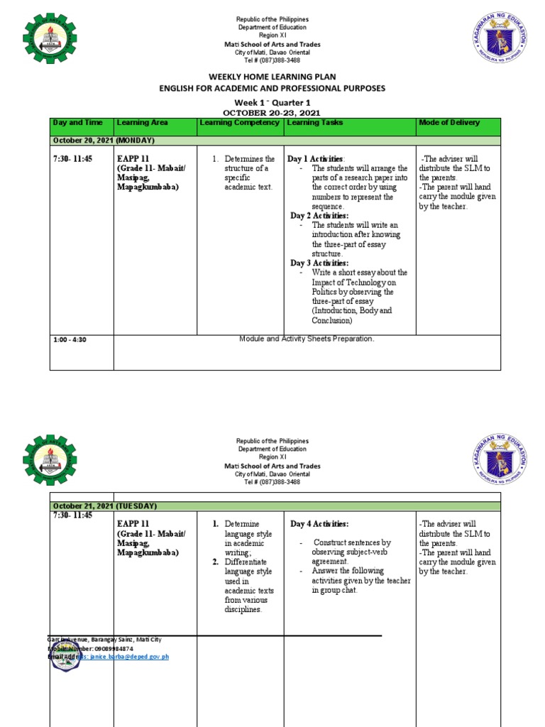 Home Learning PLan_EAPP AND READING AND WRITING | PDF | Teachers | Cognitive Science