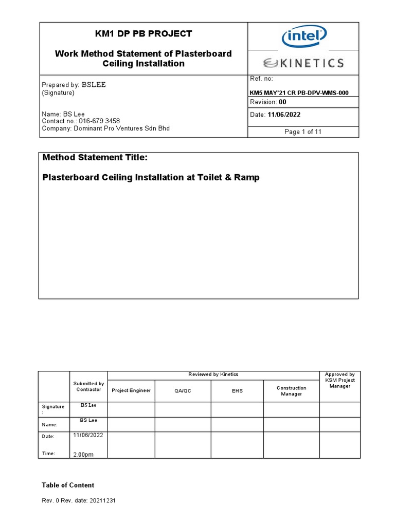 WMS of Plasterboard Ceiling Installation 1 | PDF | Drywall | Screw