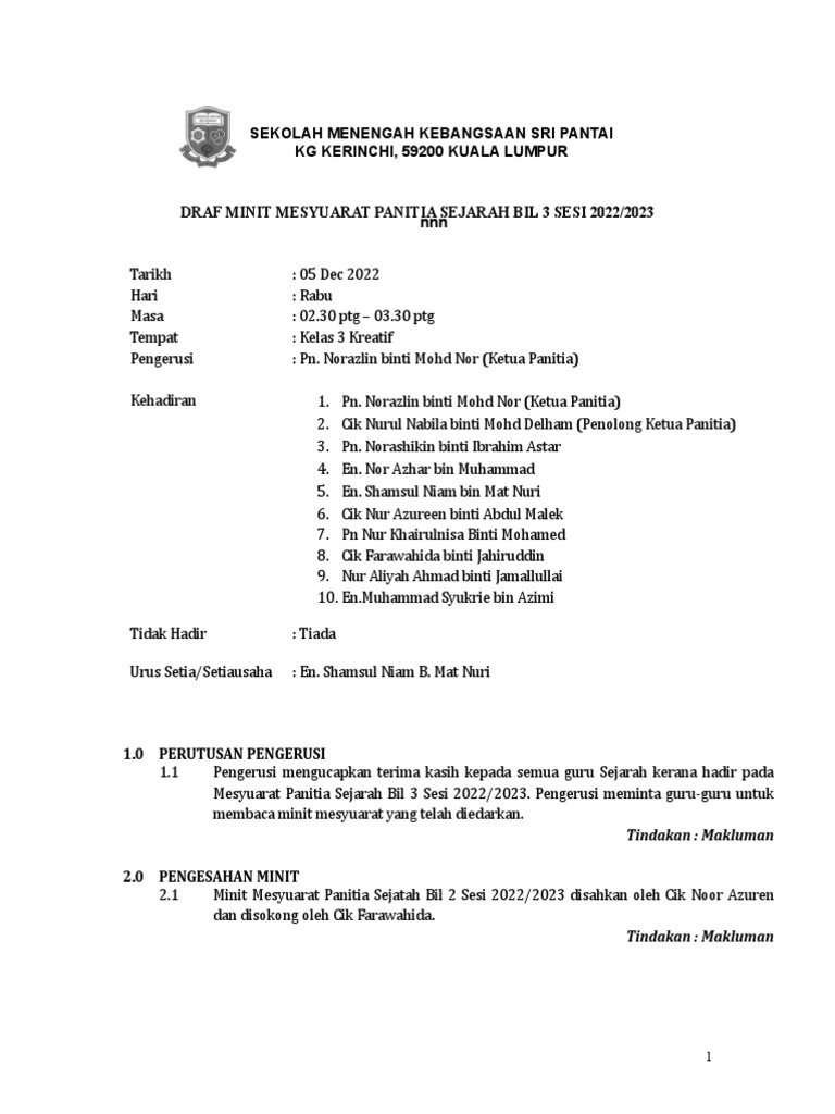Draf Minit 3 2022 2023 | PDF