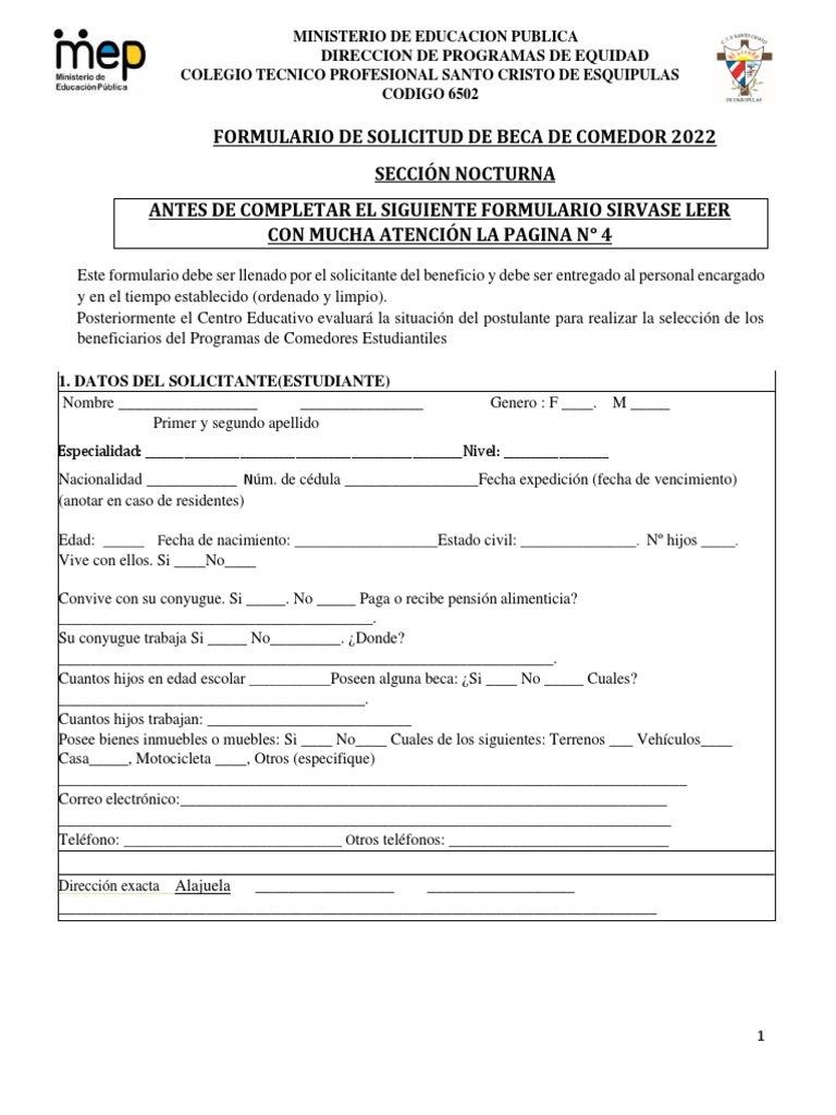 Solicitud Beca Comedor 2022 Nocturna | PDF | Pensión | Salario