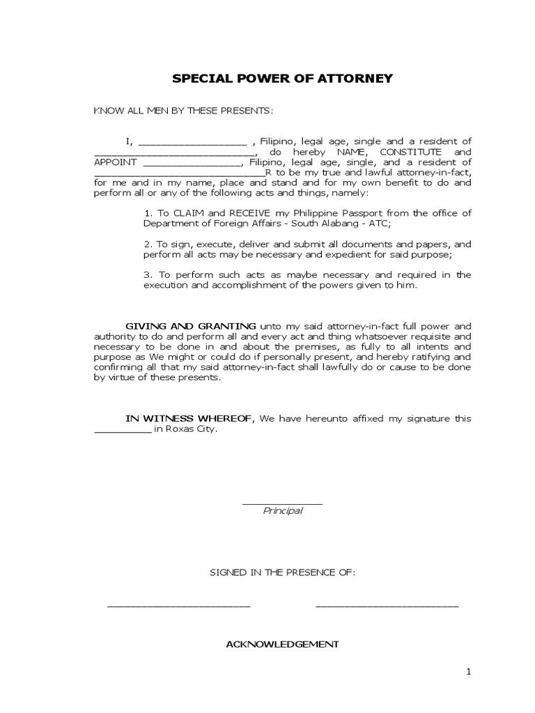 Spa - To Claim Passport | PDF | Power Of Attorney | Notary Public