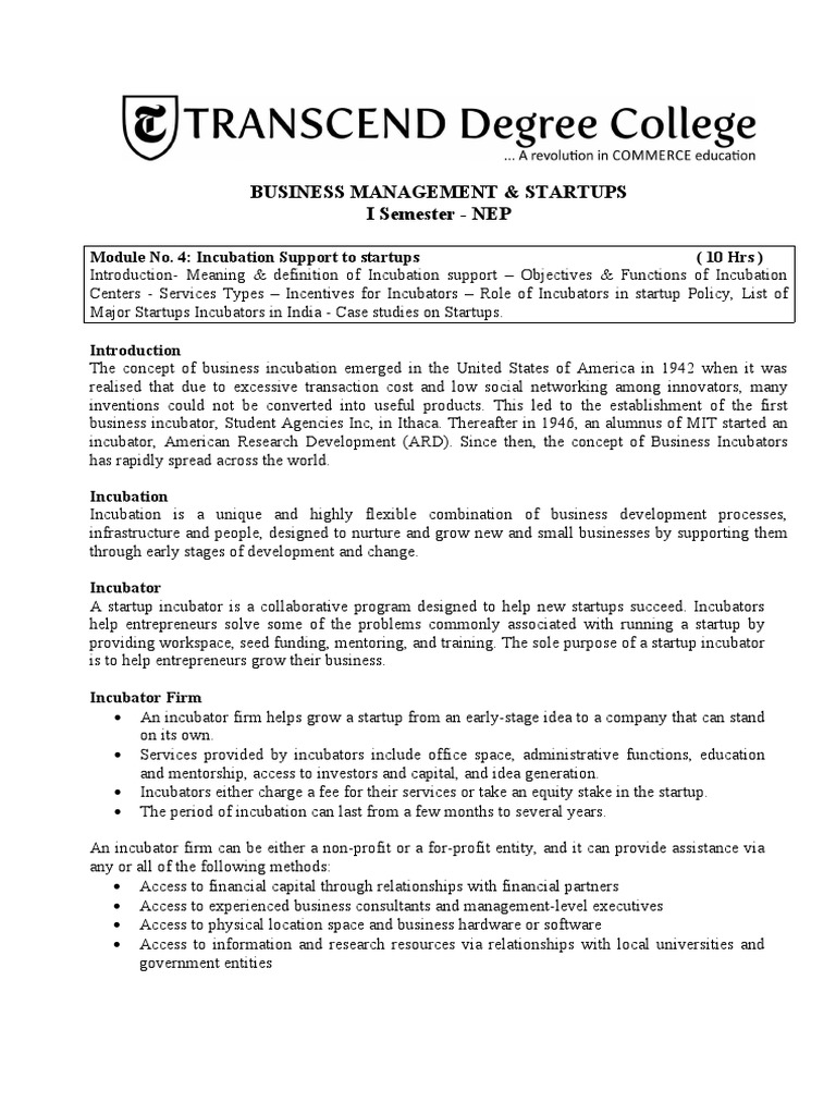 Bms - Unit 4 - Handout | PDF | Business Incubator | Startup Company