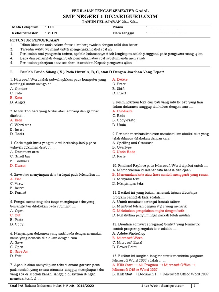 Soal PTS TIK Kelas 8 | PDF