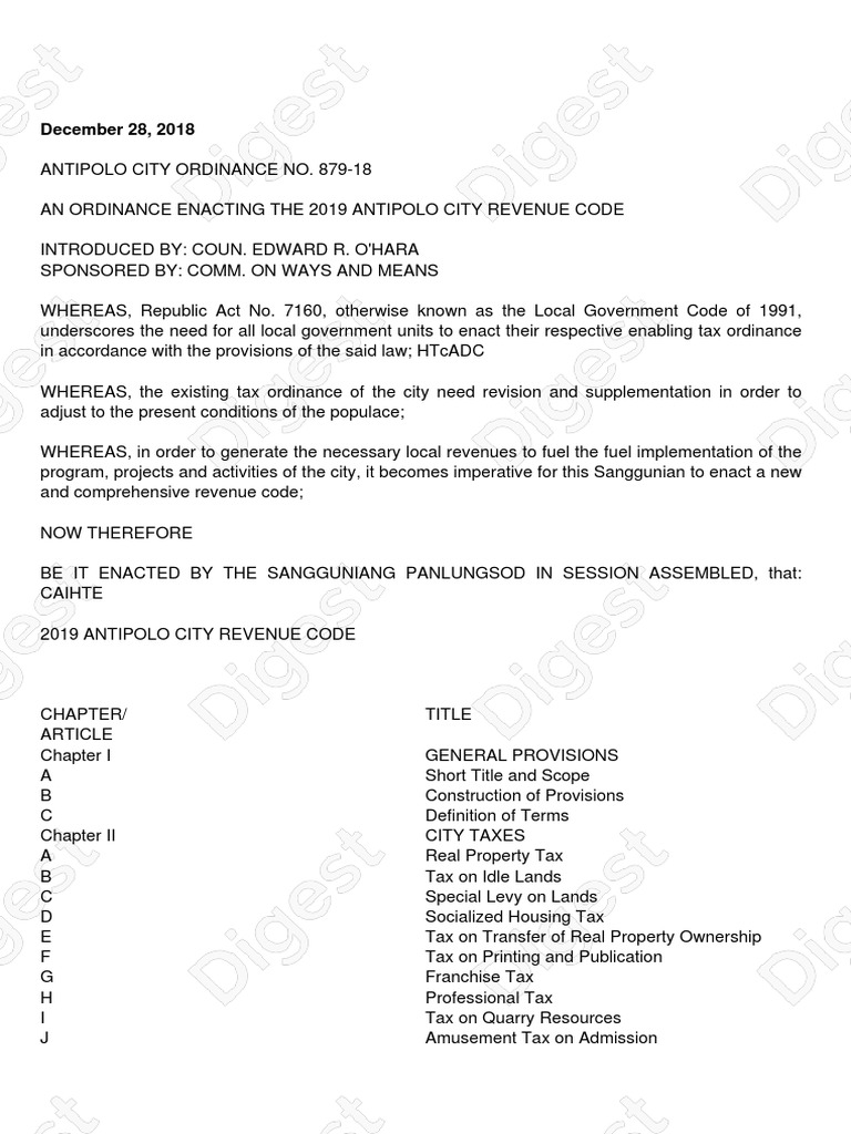 2019 Antipolo City Revenue Code Antipolo City Ordinance No 879-18 2018 ...