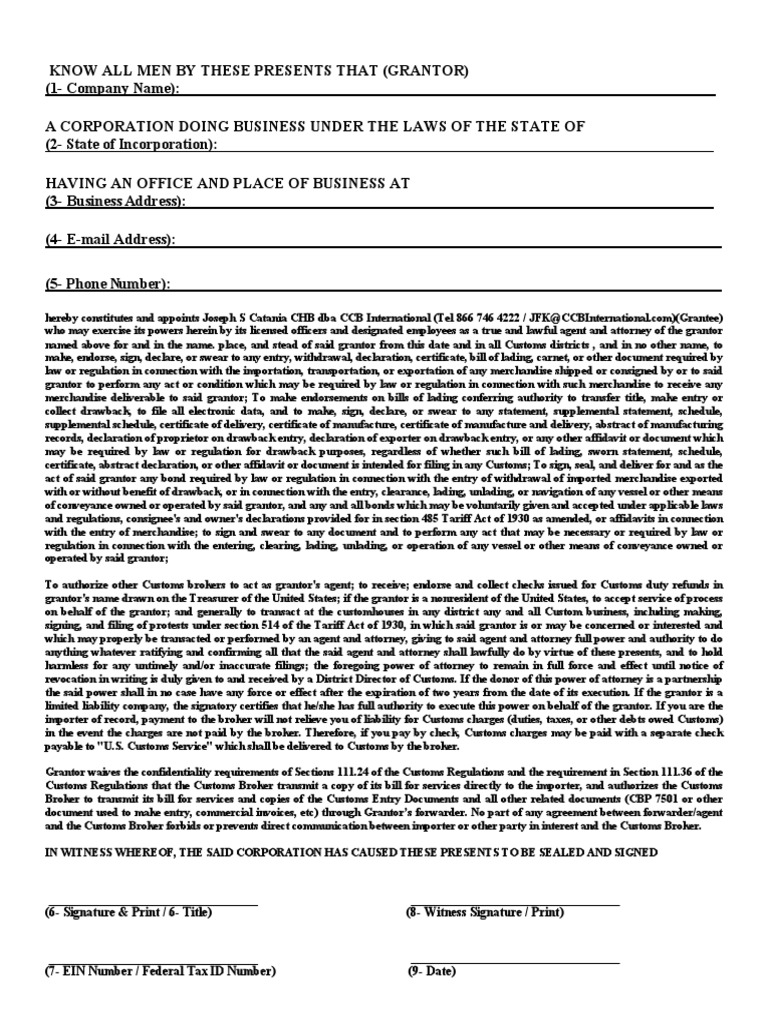Power of Attorney for Customs Brokerage | PDF | Customs | Power Of Attorney