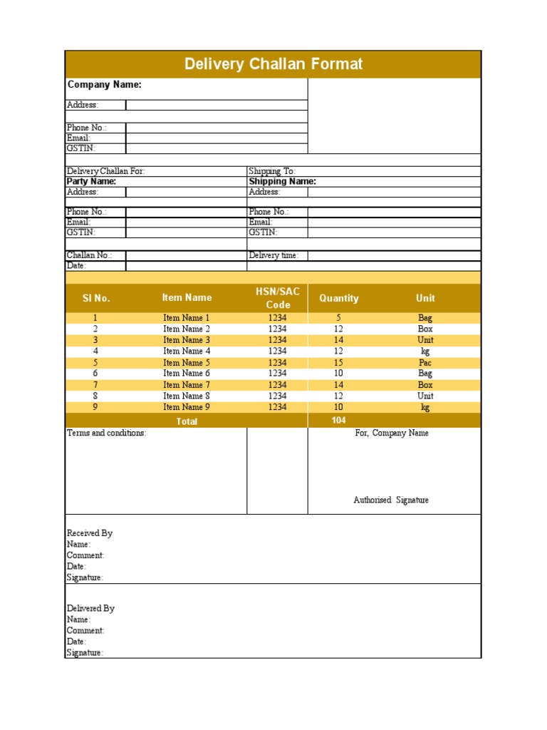 Delivery Challan Format Template | PDF