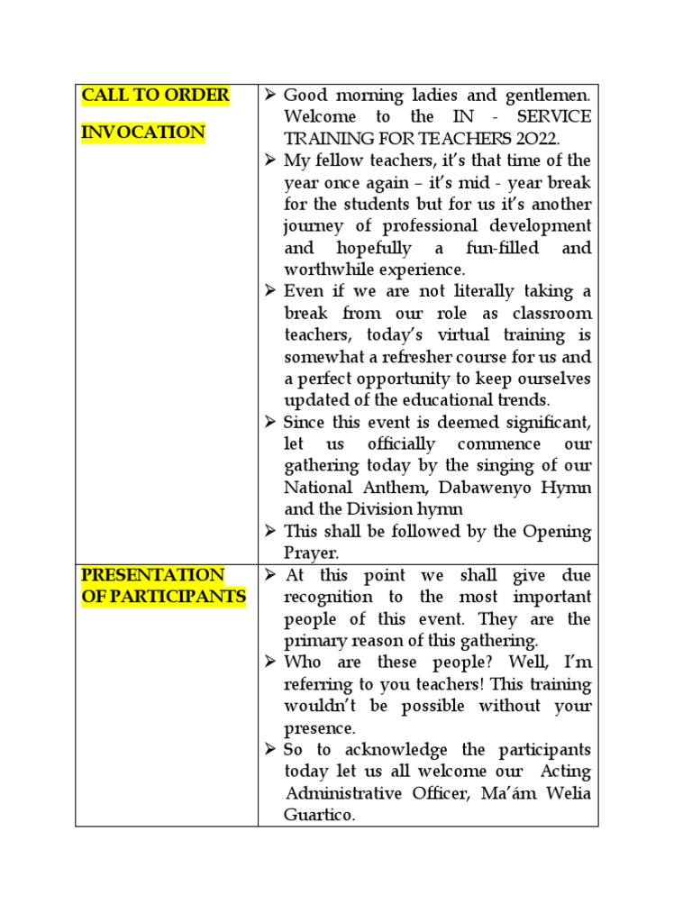 Emcee Script INSET 2O22 | PDF