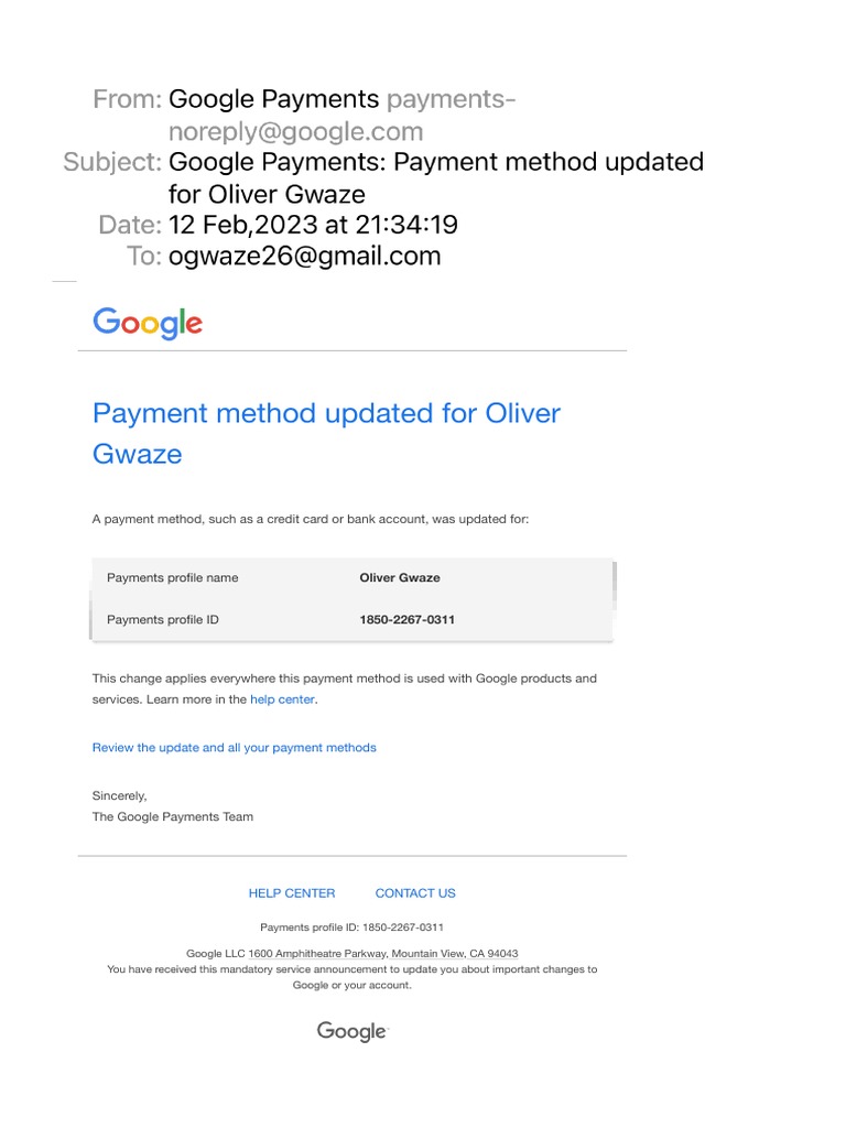 Google Payments Payment Method Updated For Oliver Gwaze | PDF