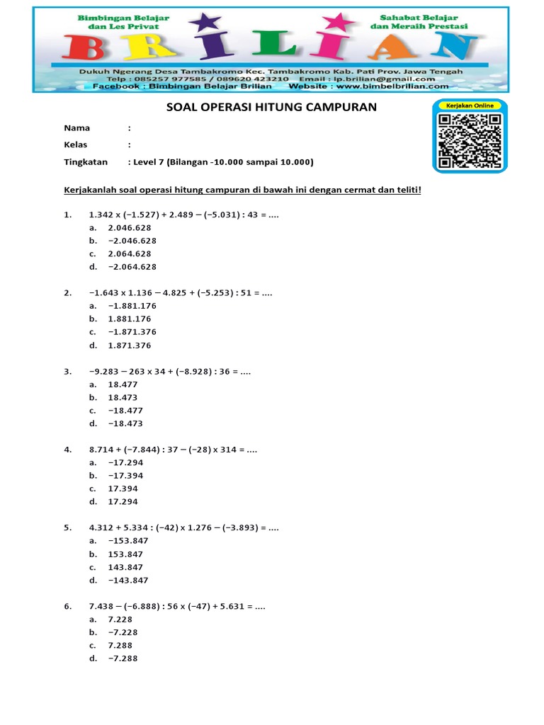 Operasi Hitung Campuran Bilangan Bulat Positif Dan Negatif Level 7 | PDF