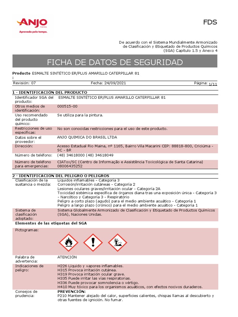 Hoja de Seguridad - Pintura Amarillo Cat | PDF | Agua | Ventilación ...