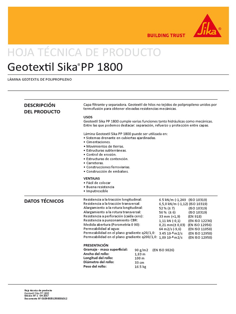 Geotextil-Sika-PP-1800 Hoja Técnica | PDF