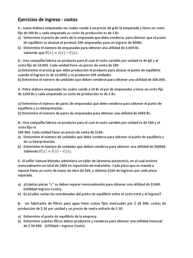 Ejercicios de Ingreso Costos | PDF