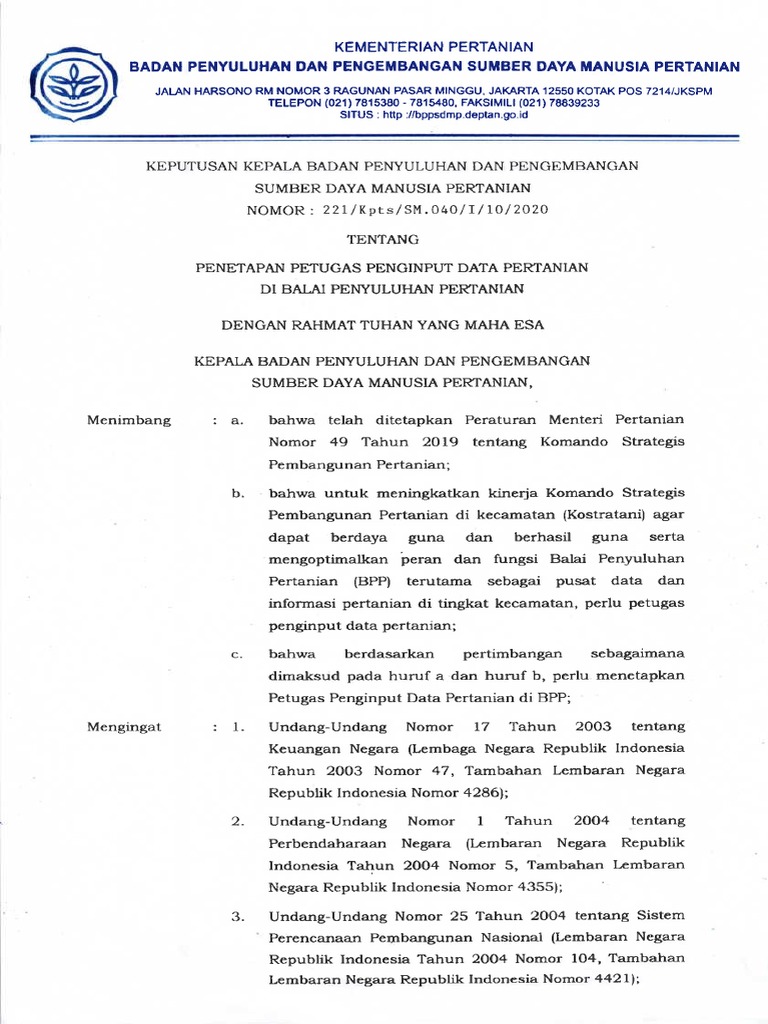 SK 221 SM 040 Penetapan Petugas Penginput Data Pertanian Di BPP | PDF