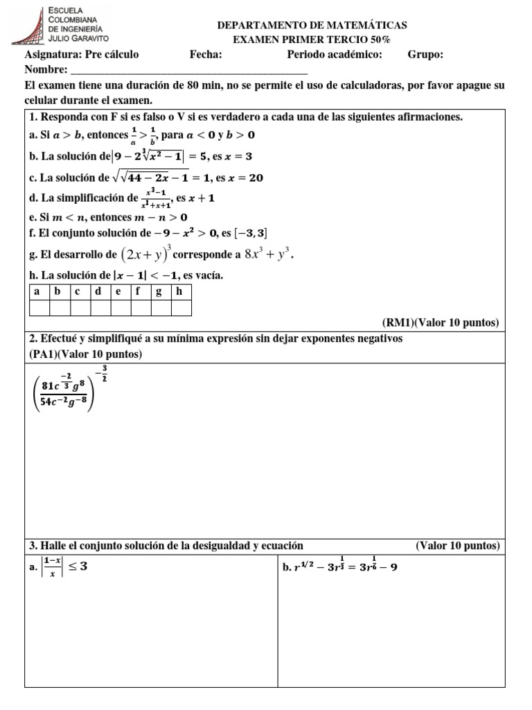Examen 50% Primer Tercio | PDF | Matemáticas | Objetos matemáticos