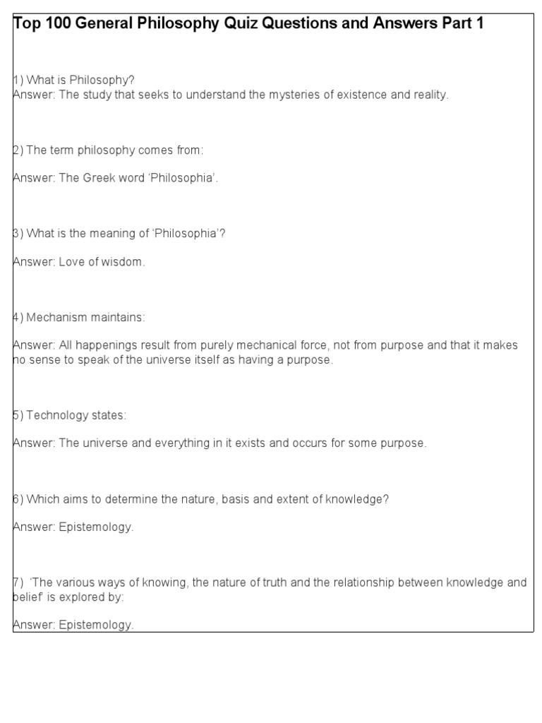 Top 100 General Philosophy Quiz Questions and Answers Part 1 | PDF | Epistemology | Knowledge