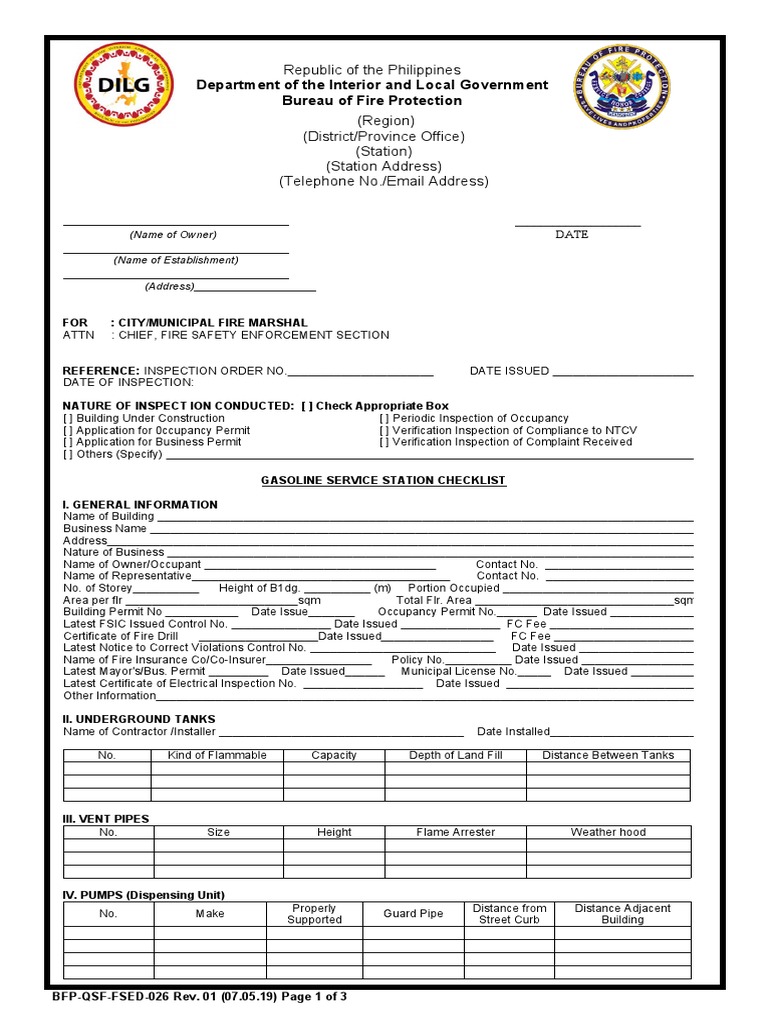 FSED 26F Gasoline Service Station Checklist Rev01 | PDF | Fire Safety ...