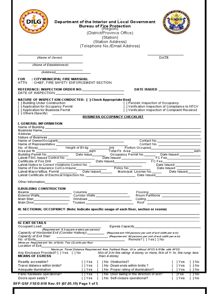 FSED 18F Business Occupancy Checklist Rev01 | PDF | Door | Fire ...