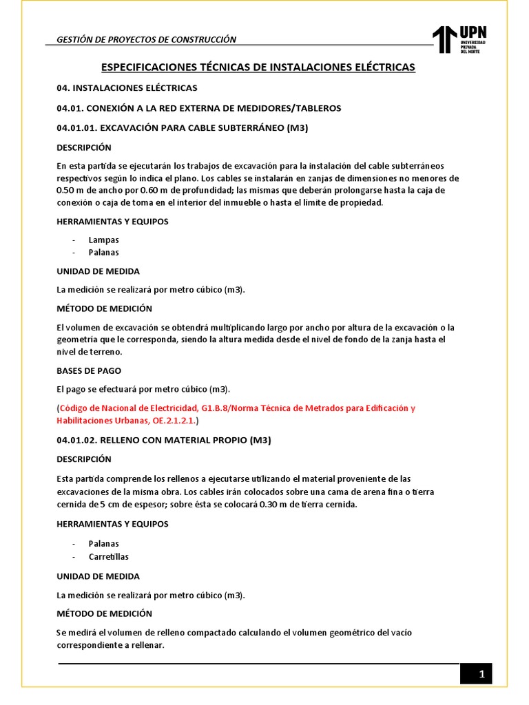 Especificaciones Tecnicas Instalaciones Electricas | PDF | Conductor electrico | Tubería ...