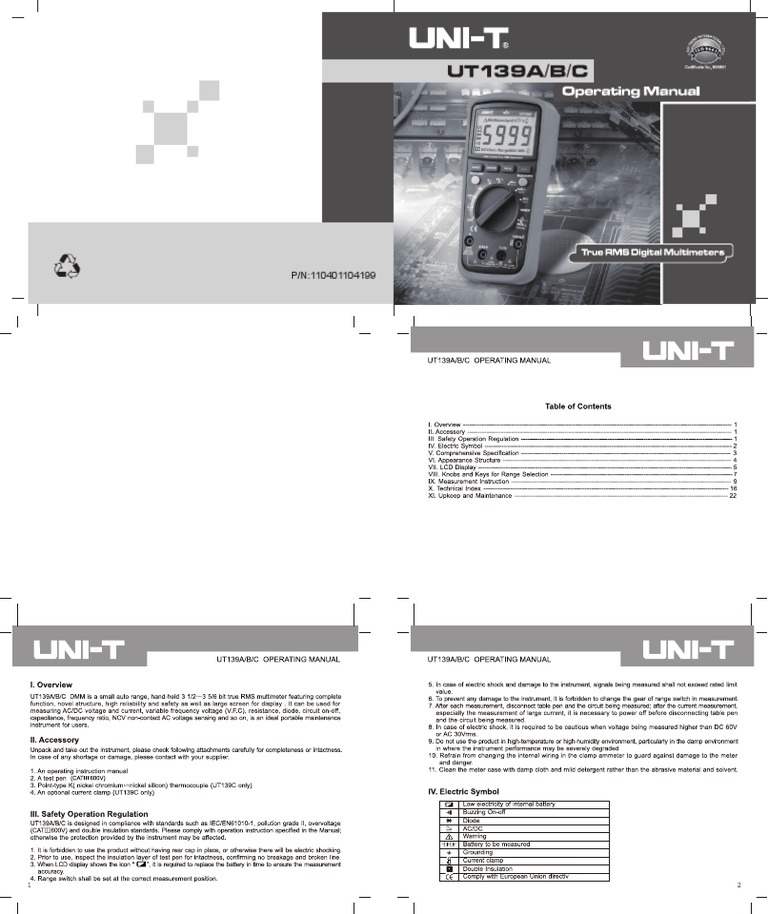 UT139C Operating Manual (With OCR) | PDF | Capacitor | Power Supply