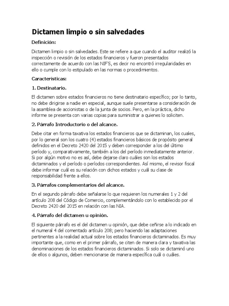 Dictamen Limpio o Sin Salvedades | PDF | Auditoría | Estado financiero