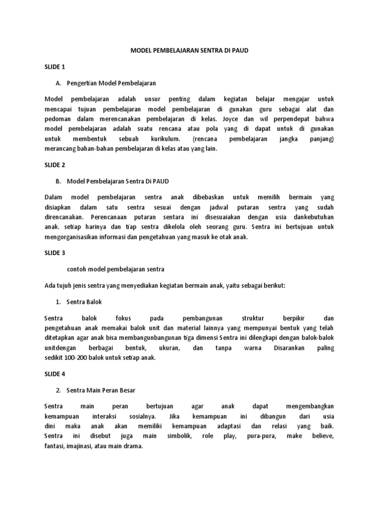 Model Pembelajaran Sentra Di Paud | PDF