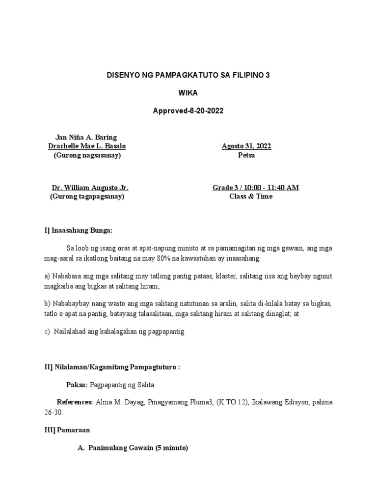 Approved 8 21 2022 DISENYO NG PAMPAGKATUTO SA FILIPINO 3 1 | PDF