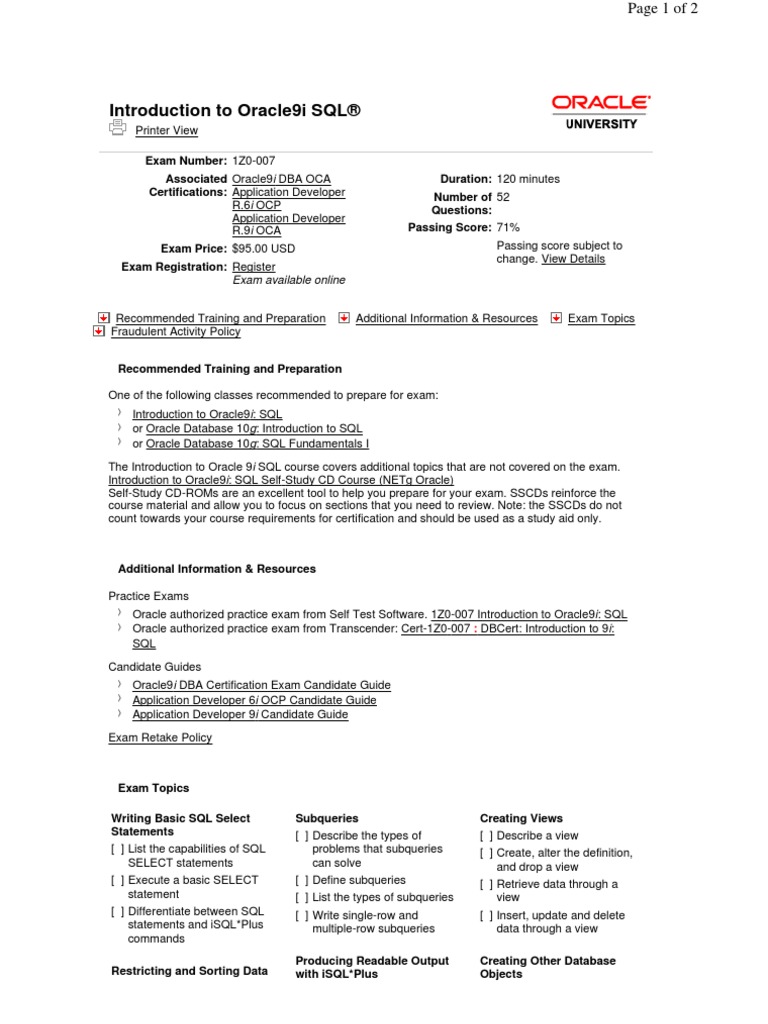 Syllabus - SQL - IZ0 - 007 | PDF | Oracle Database | Table (Database)