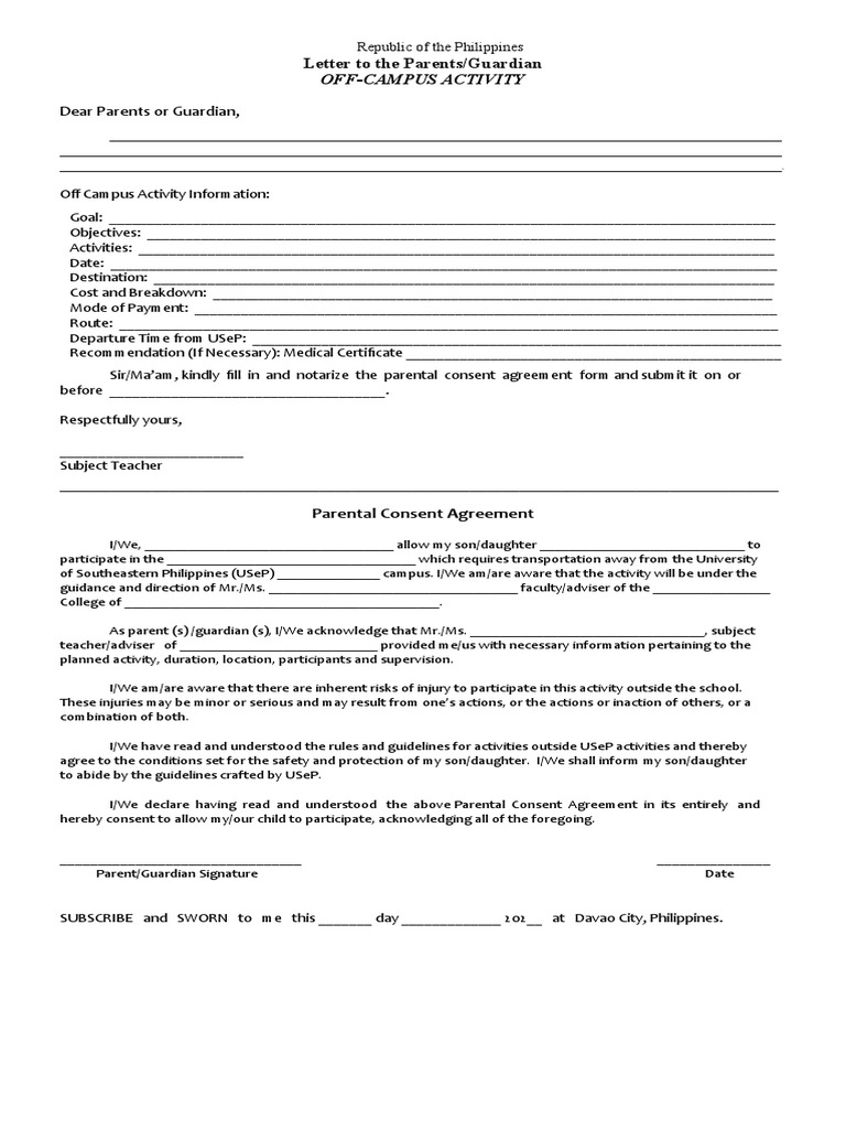 Parental Consent Form For OFF Campus Activity | PDF | Consent | Justice