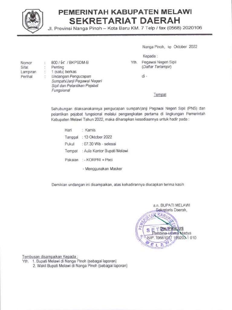 Undangan Sumpah Janji PNS Dan Pelantikan Jafung 2022 | PDF