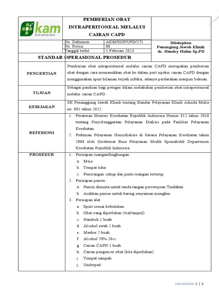 Pemberian Obat Intraperitoneal Melalui Cairan CAPD | PDF