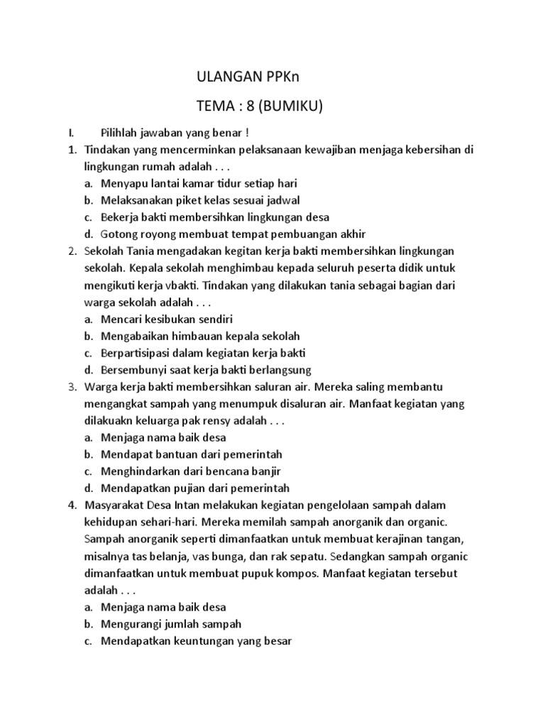 Soal Ulangan PPKN Tema 8 Kelas 6 | PDF