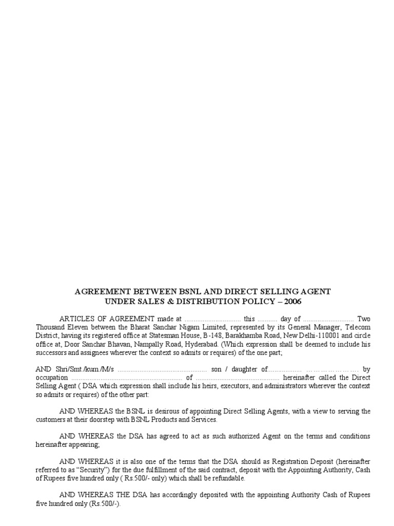 BSNL Direct Selling Agent Agreement | PDF | Civil Law (Legal System ...