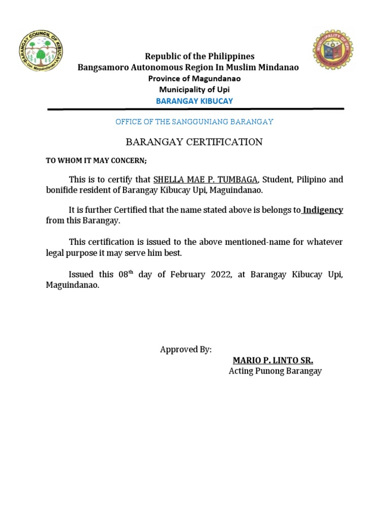 Barangay Certification for Shella Mae Tumbaga | PDF