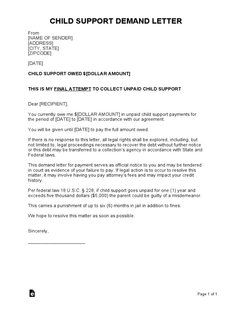 Child Support Demand Letter Template | PDF | Law